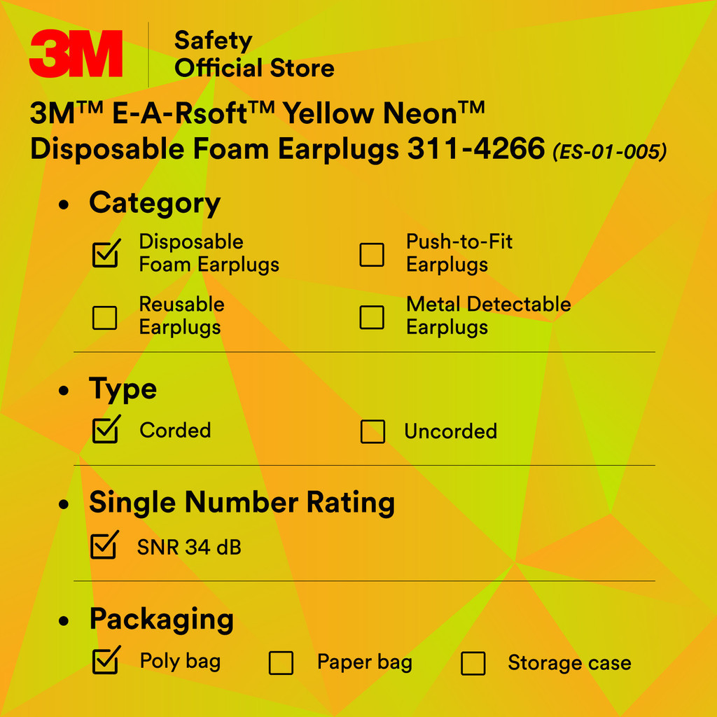 [Sell by Box] 3M™ 311-4266 E-A-Rsoft Yellow Neons Corded Foam Earplugs ...