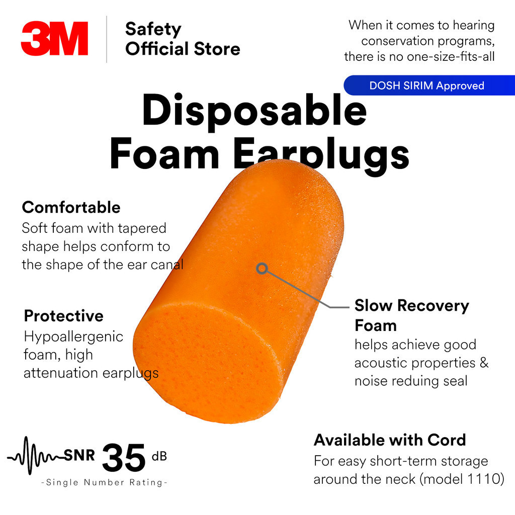 [Sell by Box] 3M™ 1100 Uncorded Soft Foam Disposable Earplugs SNR 35 dB (200 Pairs/Box) EP_ PSD ...