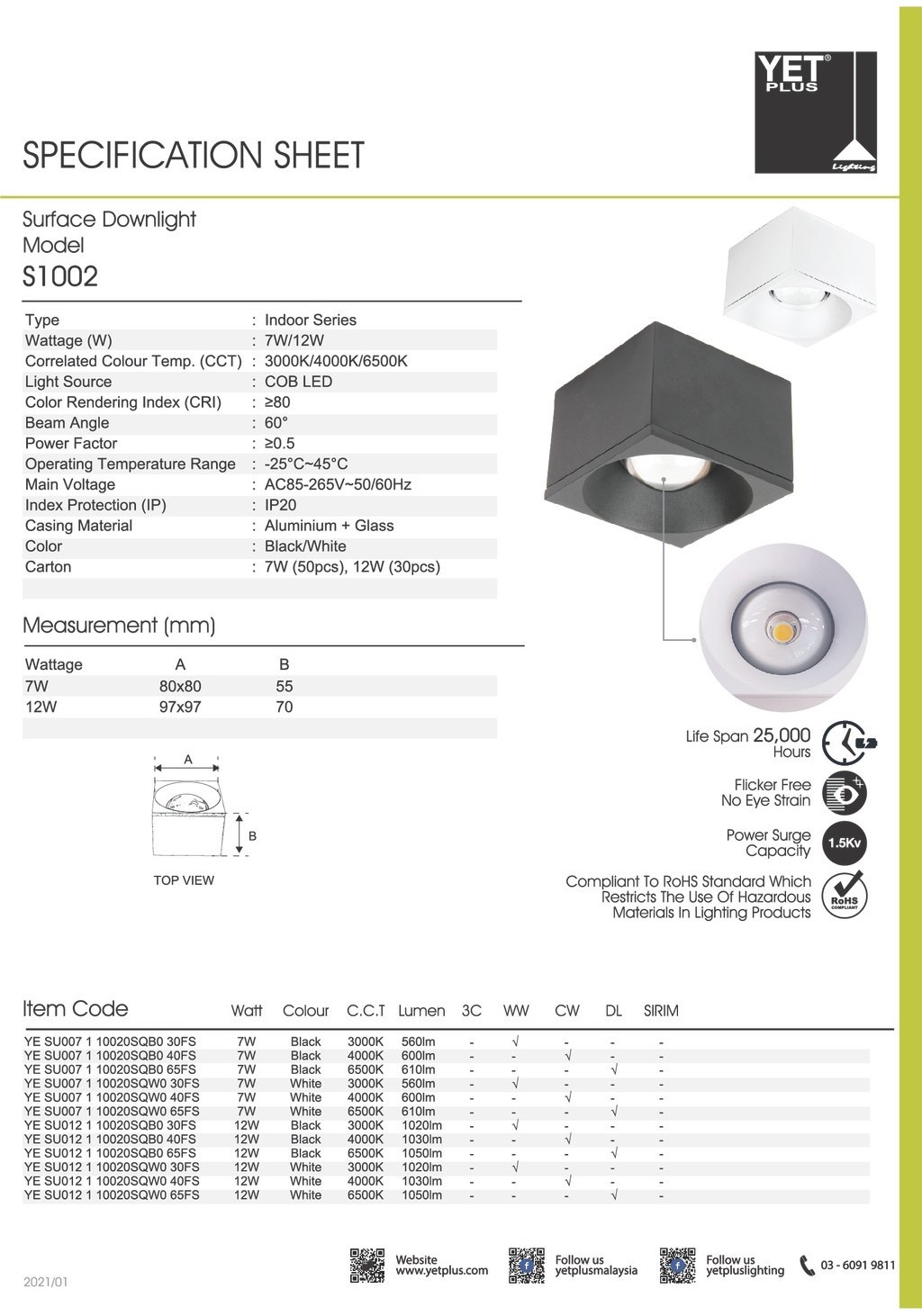 YETPlus S1002 7W 12W Black Aluminium LED Cuboid Ceiling Surface ...