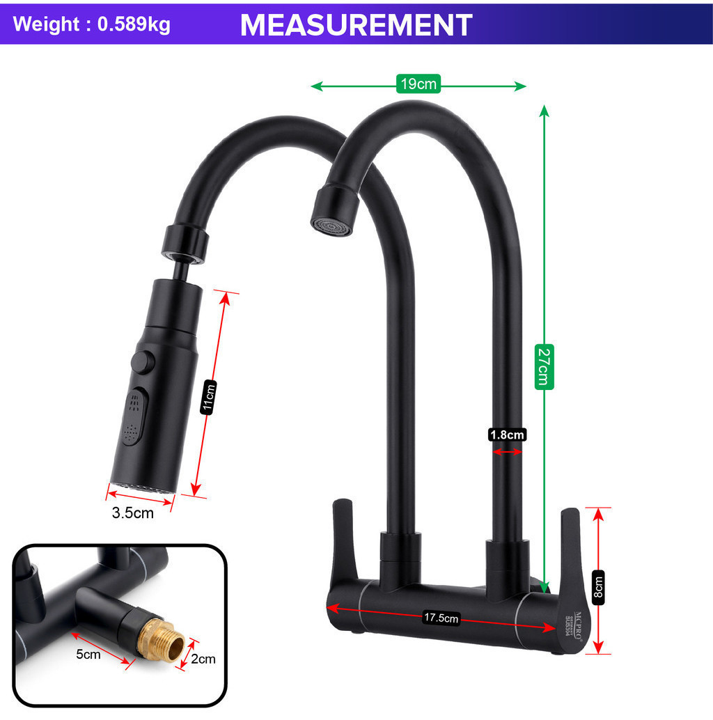 MCPRO SUS304 Stainless Steel Kitchen Faucet BLACK Twin Wall Sink Tap ...