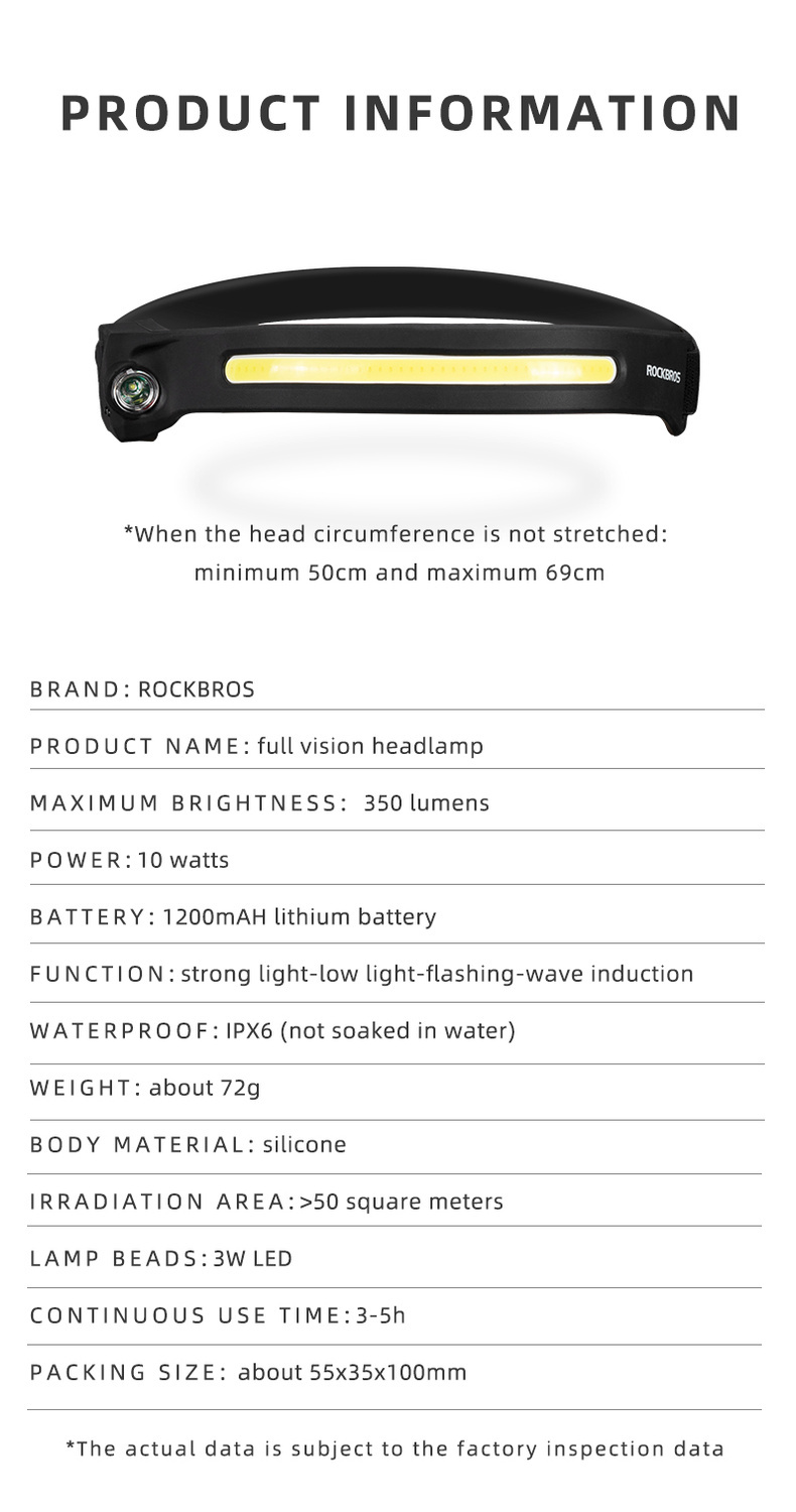 ROCKBROS Headlight COB LED Waterproof IPX6 Rechargeable Bike Light ...