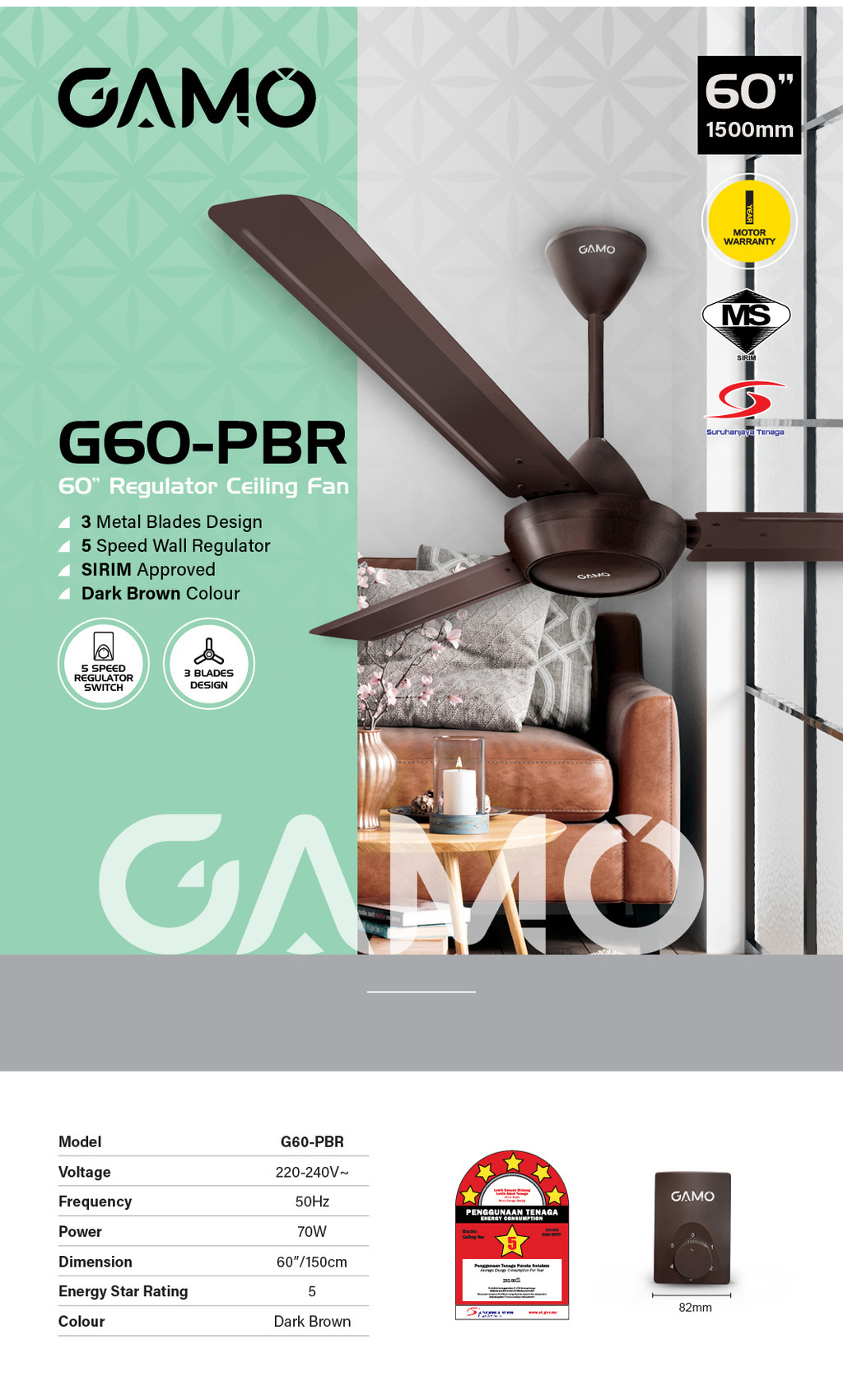 Gamo G60-pbr Ceiling Fan – 60 Inch Metal Blades, Regulator Type, Dark ...