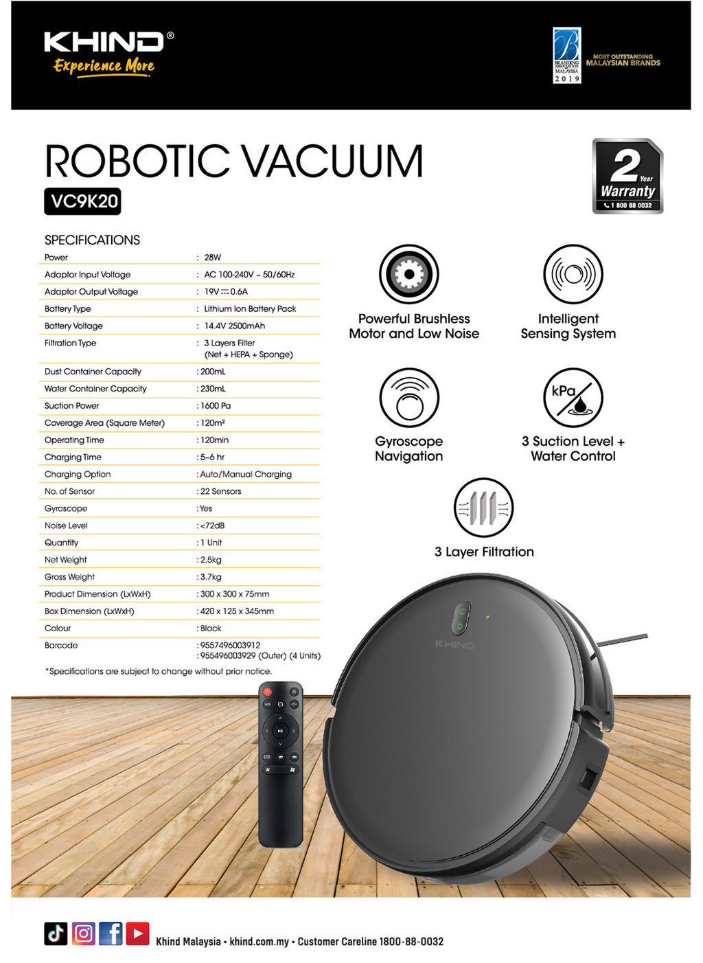 KHIND Smart WIFI Robotic Vacuum Intelligent Sensing System VC9X6A ...