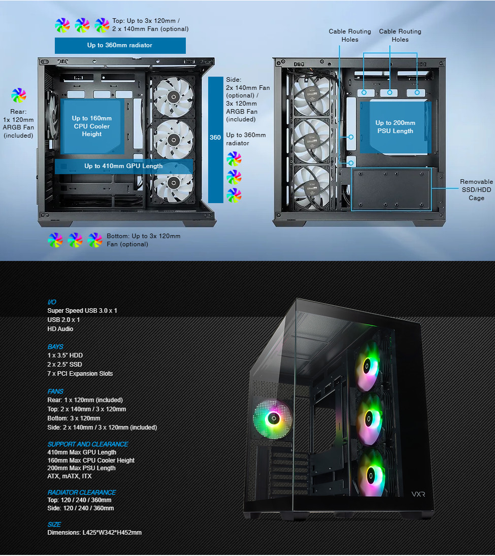 Tecware VXR EVO Dual Chamber Infinity TG ARGB ATX Chassis - Black ...