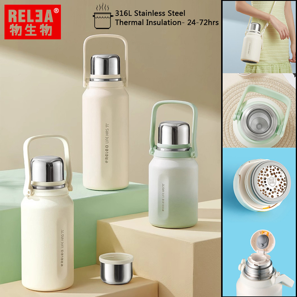 Relea 950ml/1.25L/1.55L Cup Cap SUS316L Stainless Steel Vacuum Flask Thermos Water Bottle ...