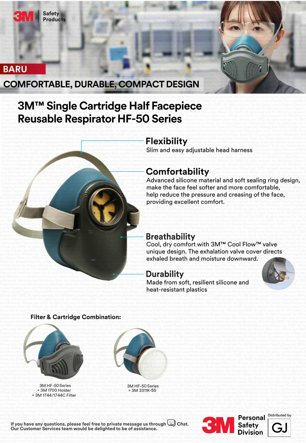 3M™ HF-50 Series Set including Half Face Respirator, 3M™ 1700 Filter ...