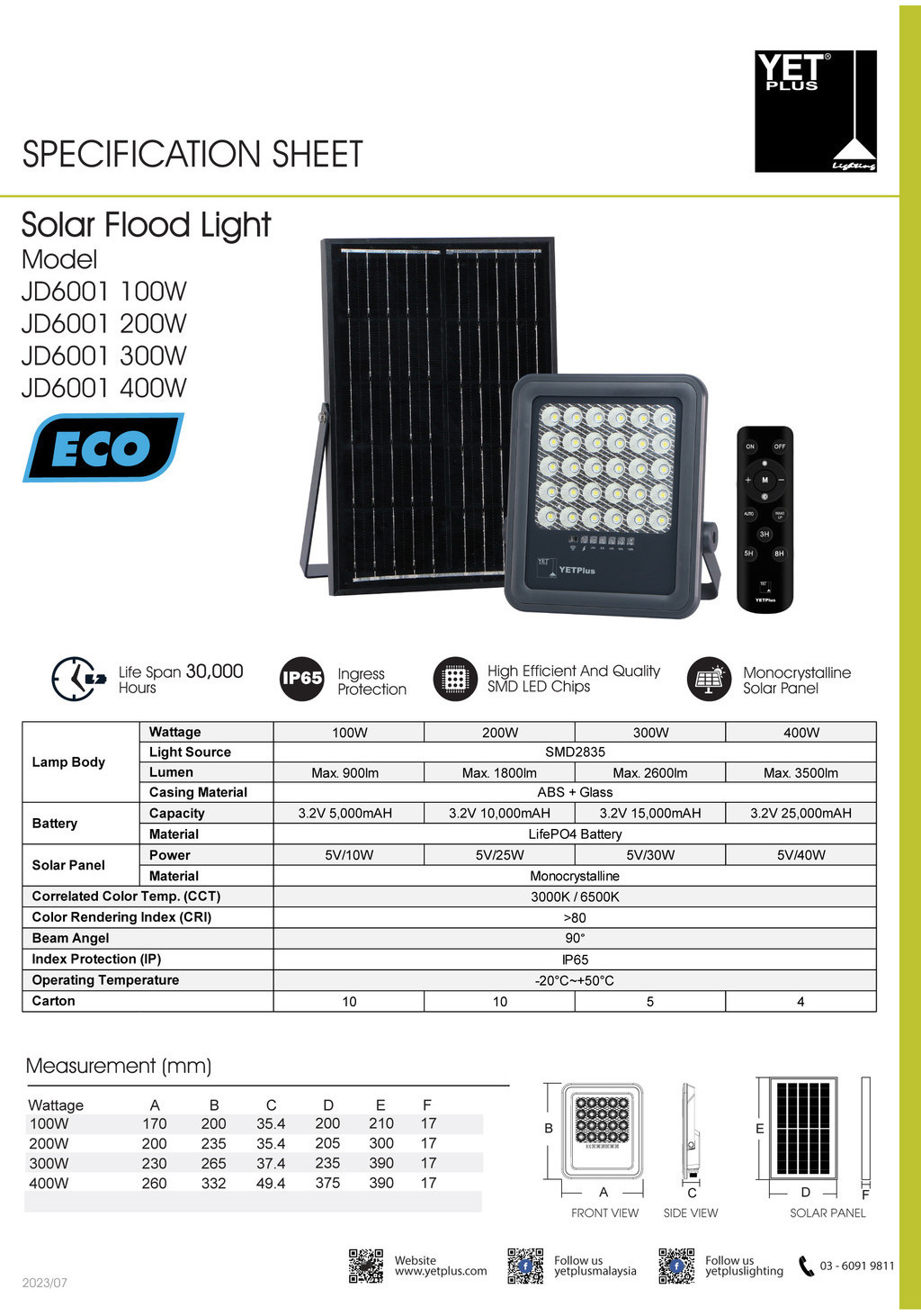 YETPlus JD6001 High Brightness Lampu Solar LED IP65 Waterproof Outdoor ...