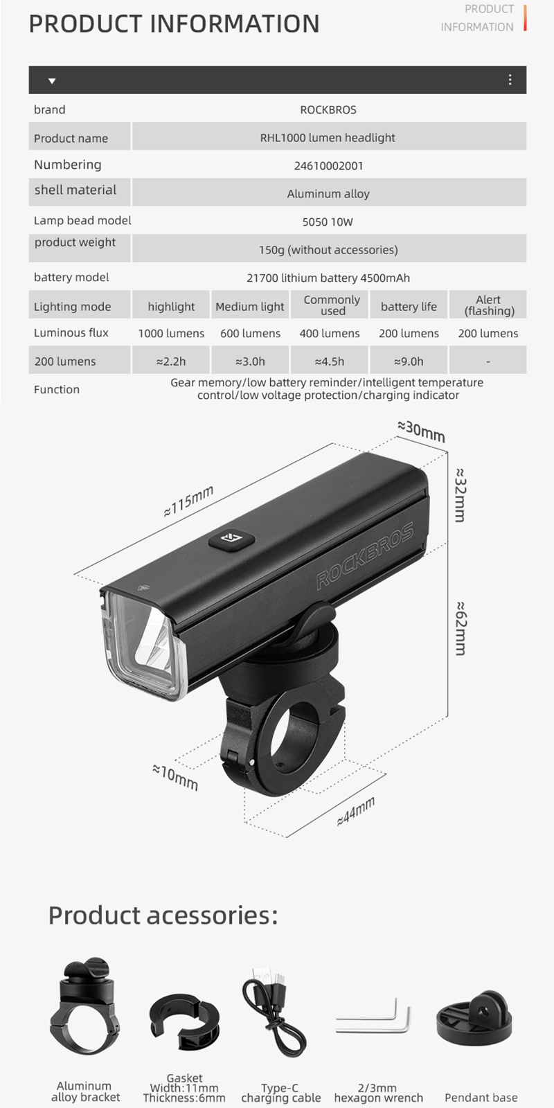 ROCKBROS IPX6 Waterproof Rechargeable Type-C Bike Light (1000 Lumen x 4500mAh) | Shopee Malaysia