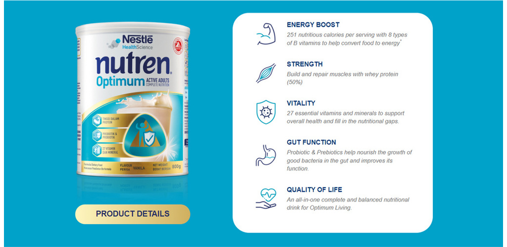 NESTLE Nutren Optimum Vanilla Complete Nutrition, Whey Protein I Muscle Strength 800g (Bundle of ...