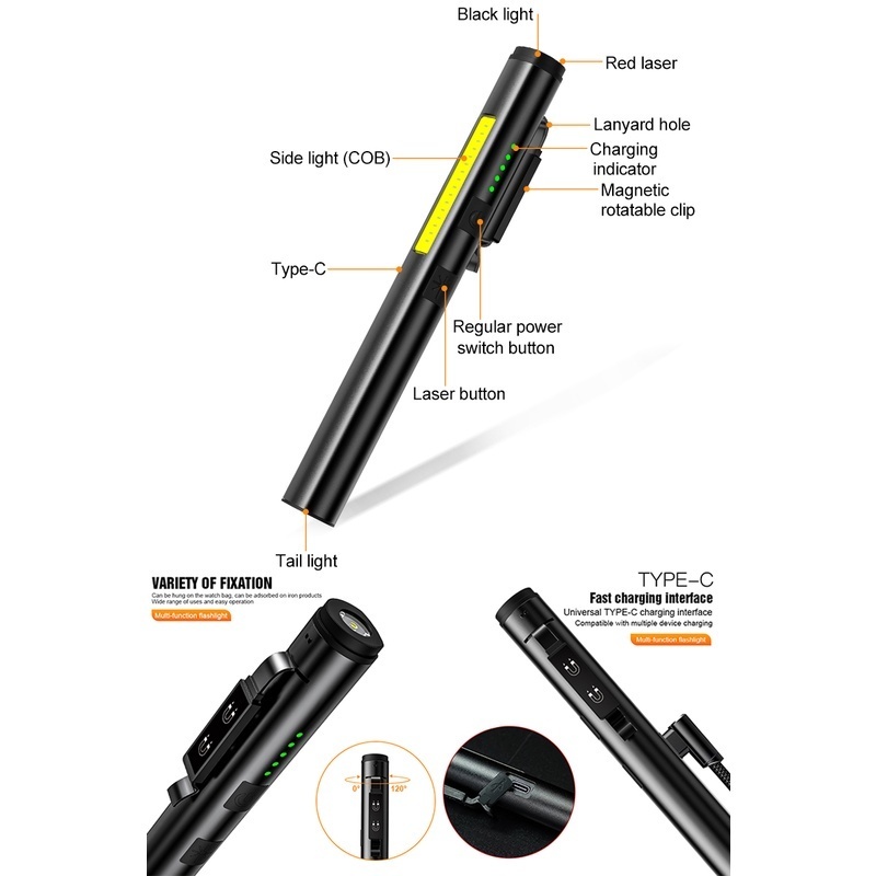 4 In 1 Multifunction Flashlight (UV/COB/Red Laser) Rechargeable Pen ...
