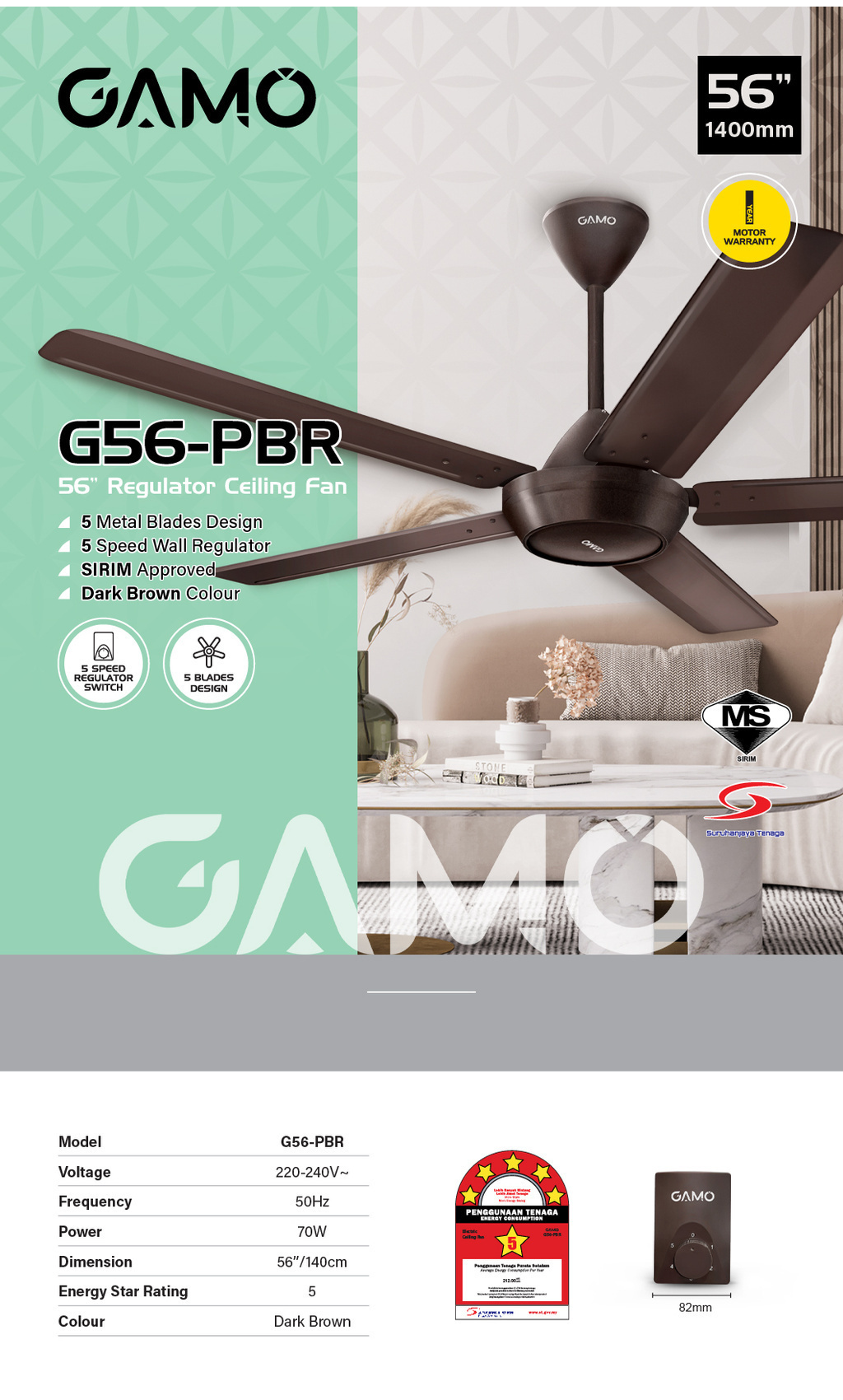 Gamo G56-pbr Ceiling Fan – 56 Inch Metal Blades, Regulator Type, Dark ...