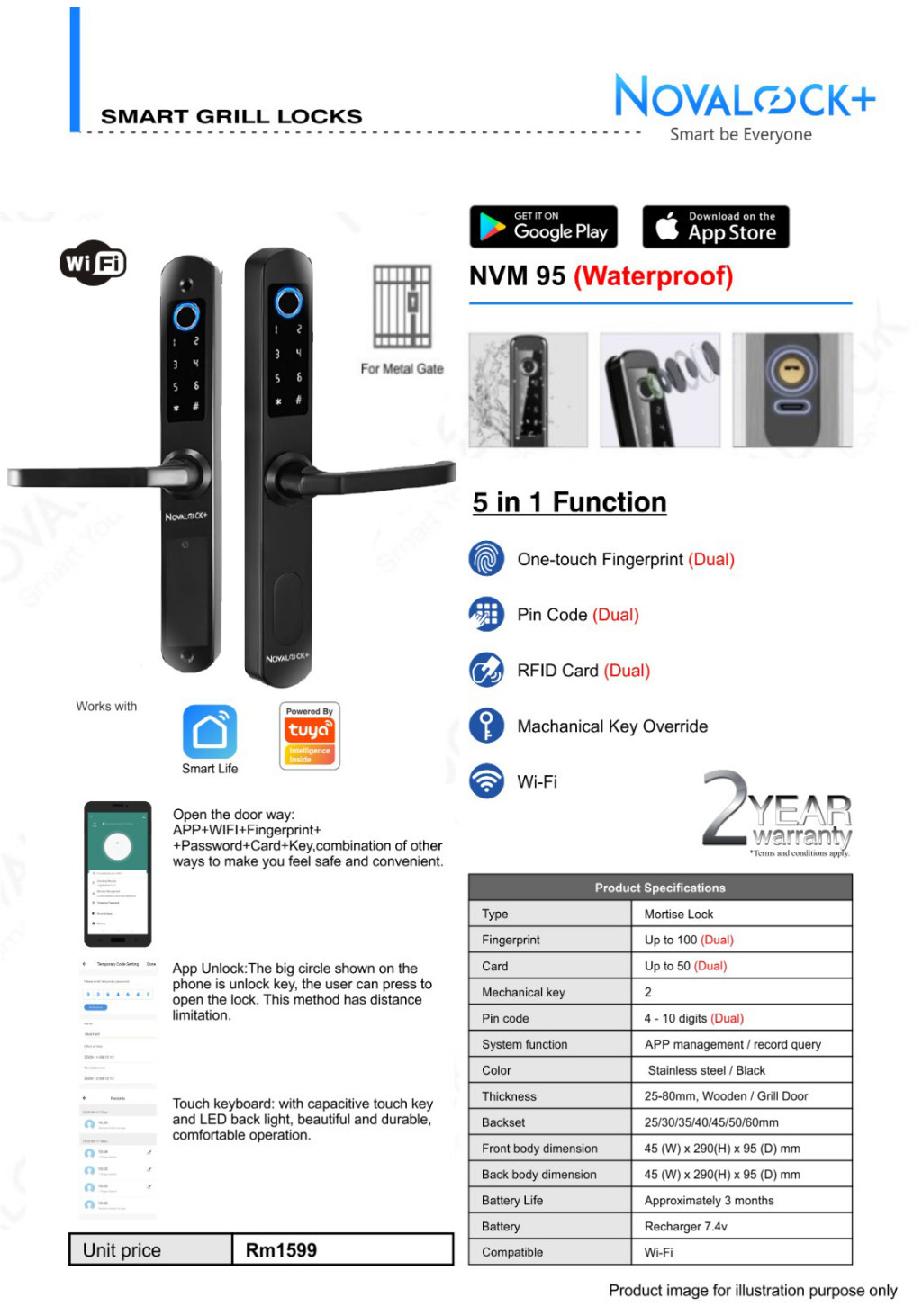 Novalock+ NVM 95 Waterproof Smart Wifi Grill Dual Fingerprint , Card ...