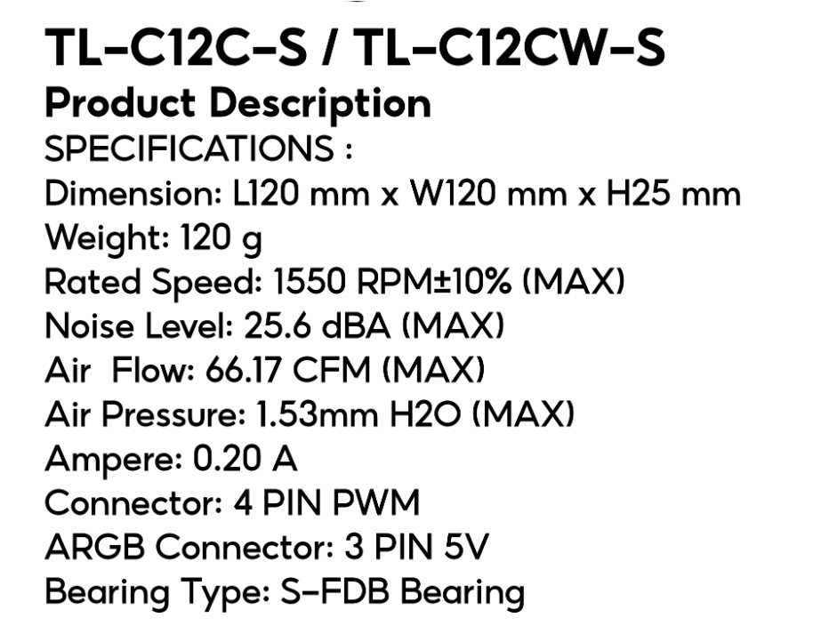 THERMALRIGHT TL-C12C-S / TL-C12CW-S / TL-C12C Black (120mm) Casing Fan ...