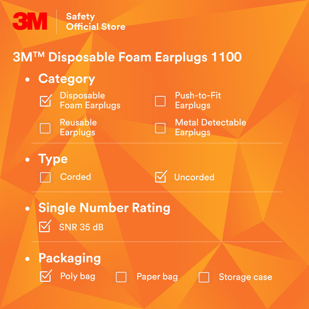 [Sell by Box] 3M™ 1100 Uncorded Soft Foam Disposable Earplugs SNR 35 dB (200 Pairs/Box) EP_ PSD ...