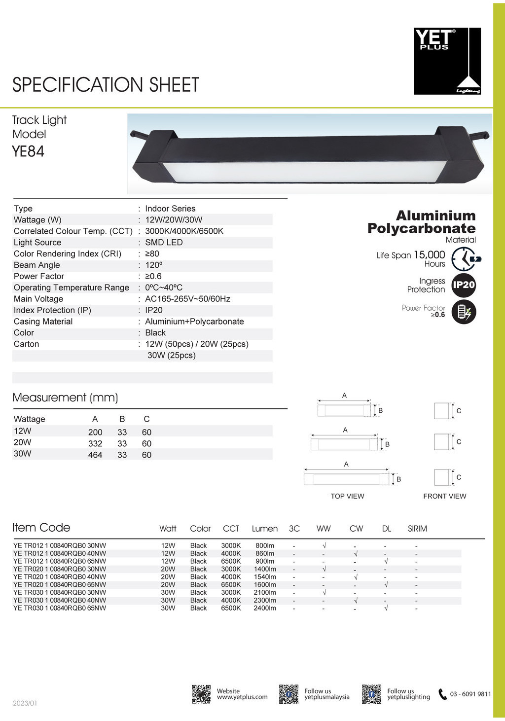 YETPlus YE84 Black Body Aluminium Indoor Energy Saving SMD LED Long ...