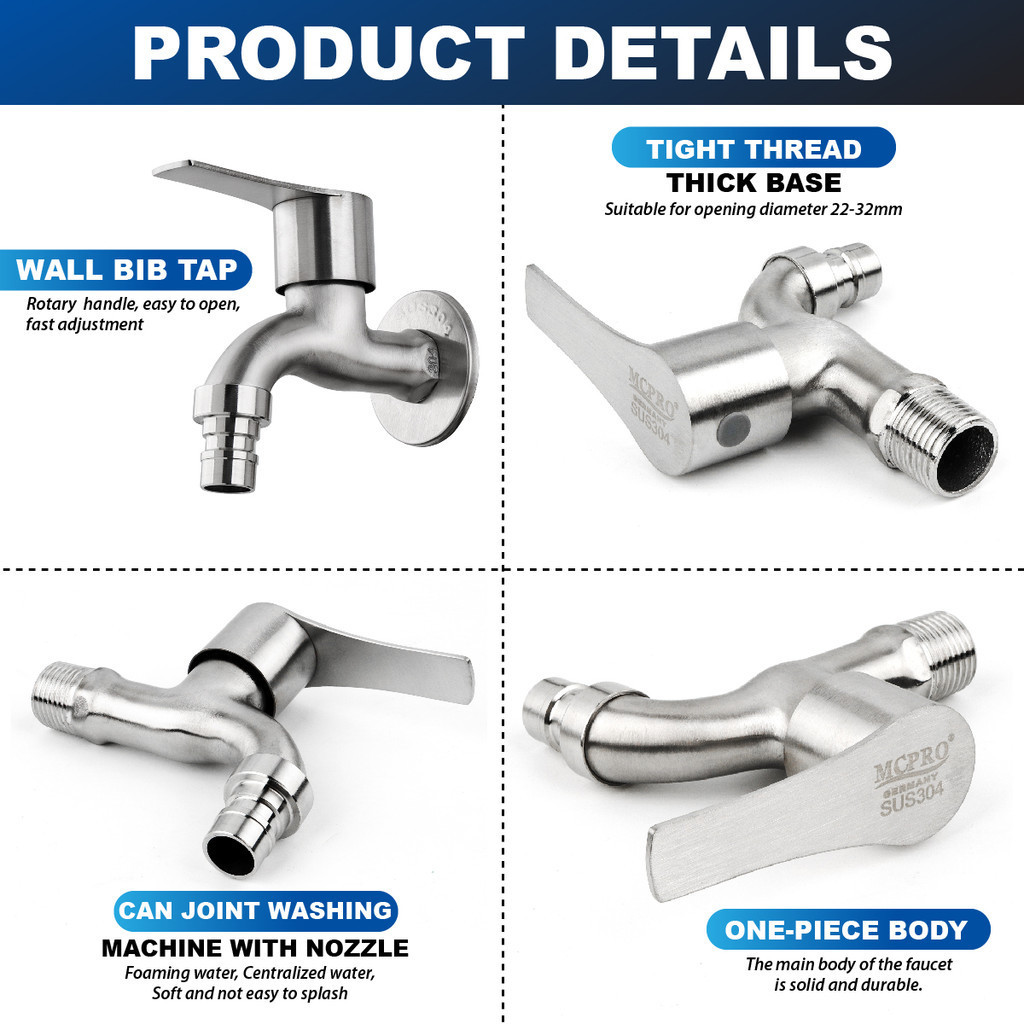 MCPRO PLUS SUS304 Bathroom Washing Machine Wall Bib Tap (SS03/SS1214 ...