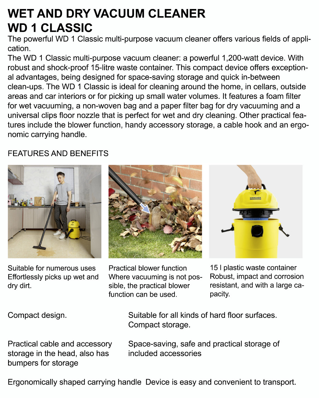KARCHER WD1 CLASSIC (PLASTIC TANK) / WD1S CLASSIC (STAINLESS STEEL ...