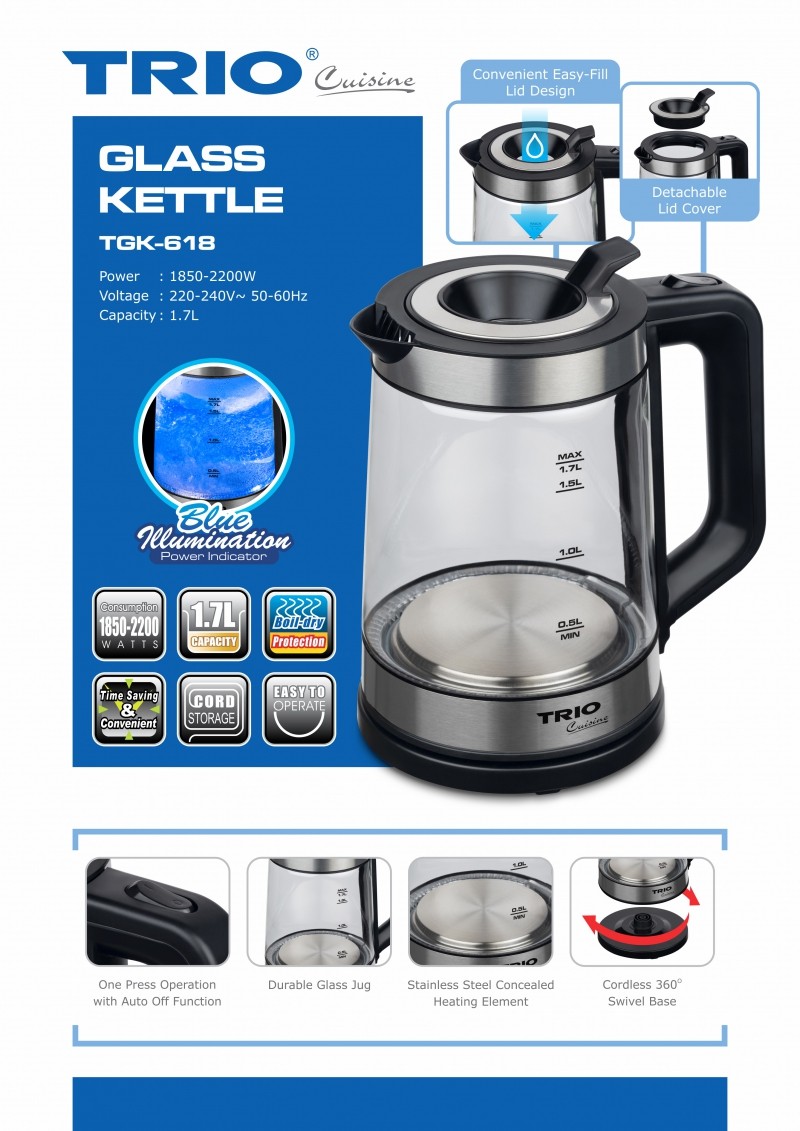 Trio Glass Kettle With Blue Illumination Power Indicator (1.7L ...