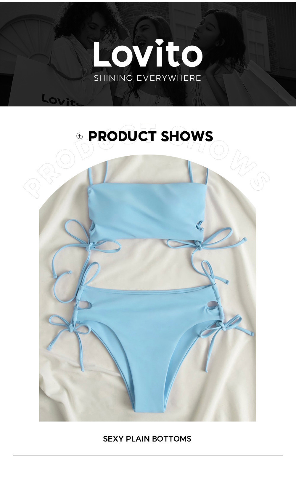Lovito Sexy Plain Lace Up Drawstring Bikini Bottoms for Women LNL36162 ...