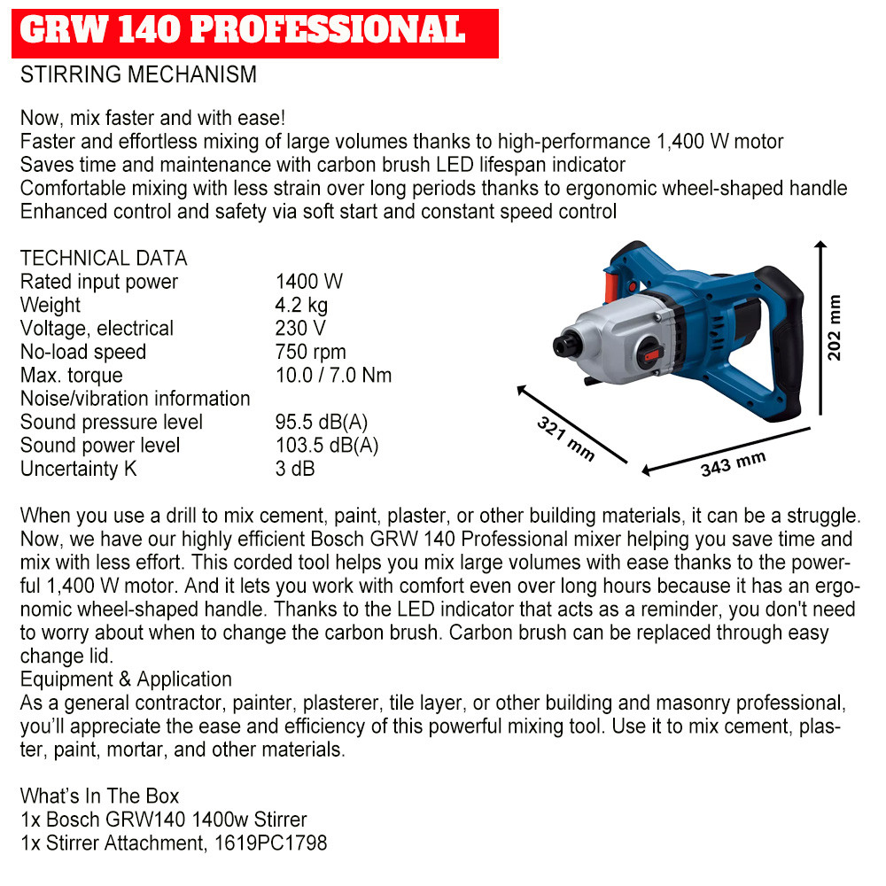 BOSCH CORDED STIRRER / MIXER DRILL FOR PAINT, CEMENT, PLASTER - GRW140 ...