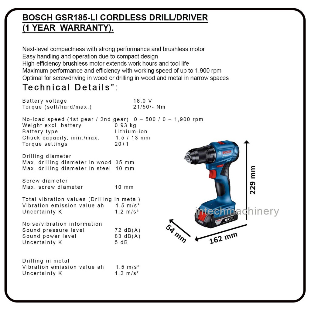 BOSCH GSR185-LI / GSR185LI BRUSHLESS MOTOR CORDLESS DRILL / DRIVER 18V ...