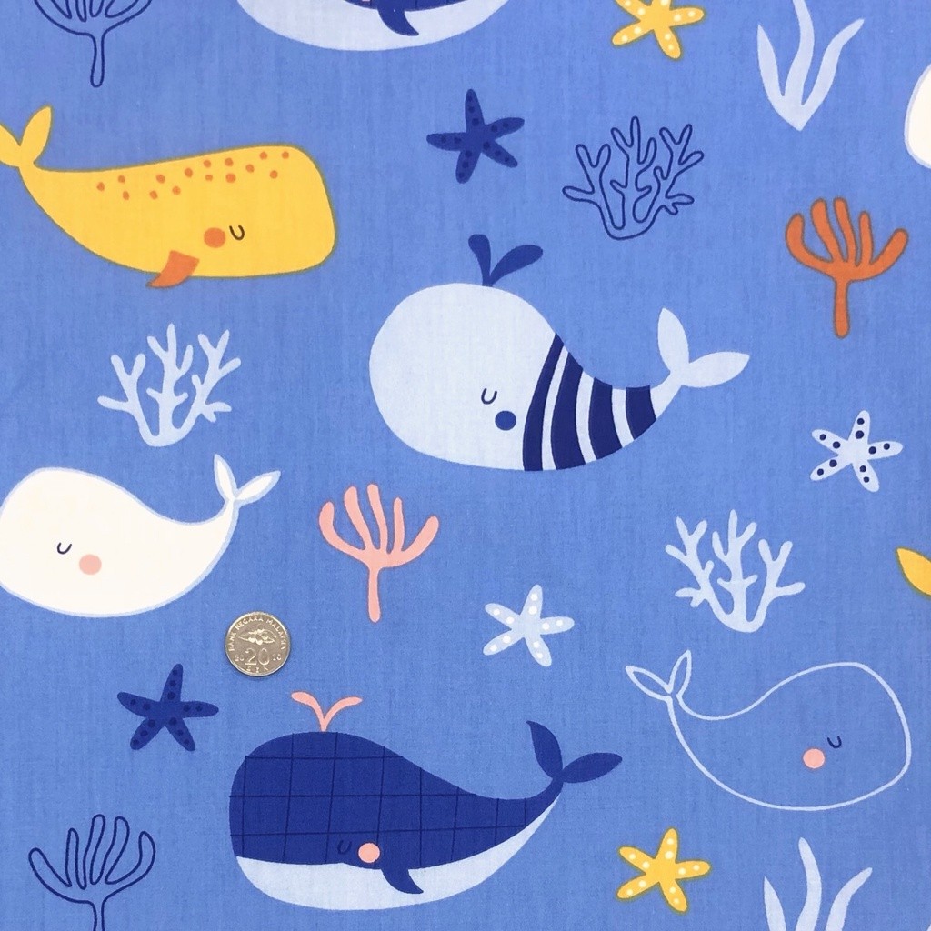 Kain Comb Cotton Corak Ikan Paus (Bidang 60") / Cute Whale Fish Ocean ...
