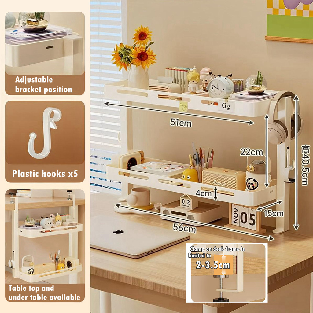 2 Layer Desktop Storage Rack Clamp-On Organizer Shelf Office Table ...