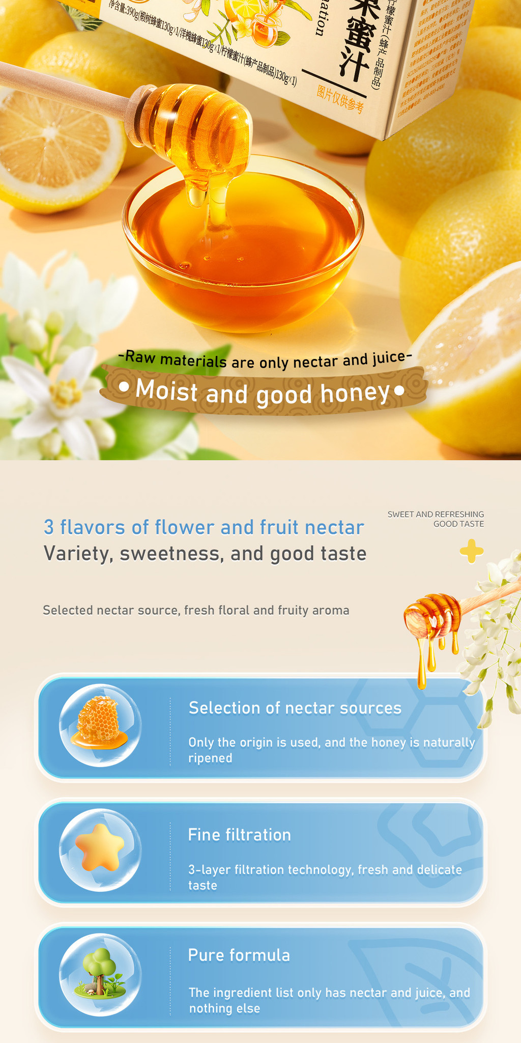 Three Squirrels Fruit Honey Set - Linden Honey/Acacia Honey/Lemon Honey ...
