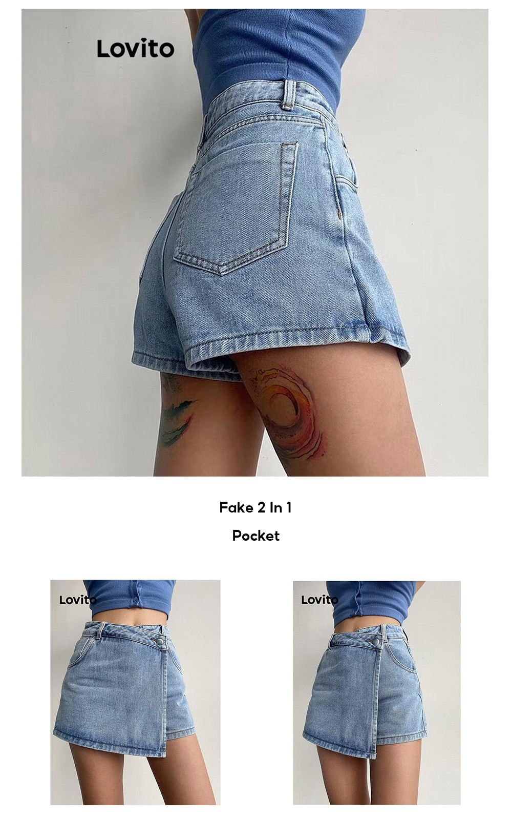 Lovito Casual Denim Shorts Plain Fake 2 In 1 Asymmetrical Pocket Denim ...