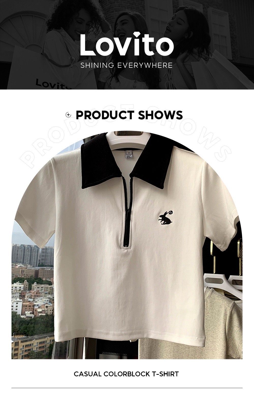 Lovito Casual T-Shirt Plain Colorblock Embroidery Zipper T-Shirt for ...