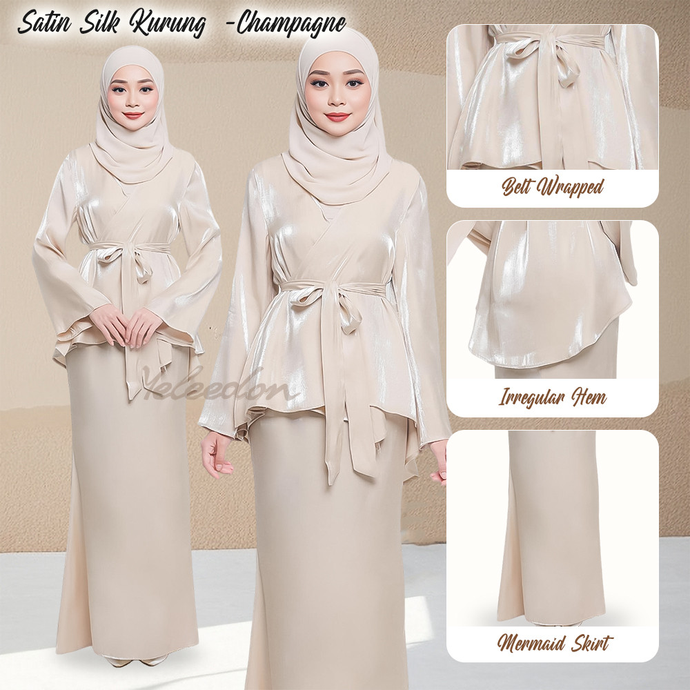 Yeleedon Women Muslimah Baju Kurung Shantung Silk Solid Color Belted ...