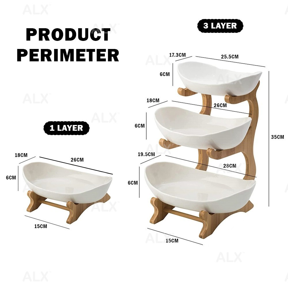 ALX 3 Layer Fruit Tray Oval Bowl wt Wooden Stand Multilayer Candy Dish ...