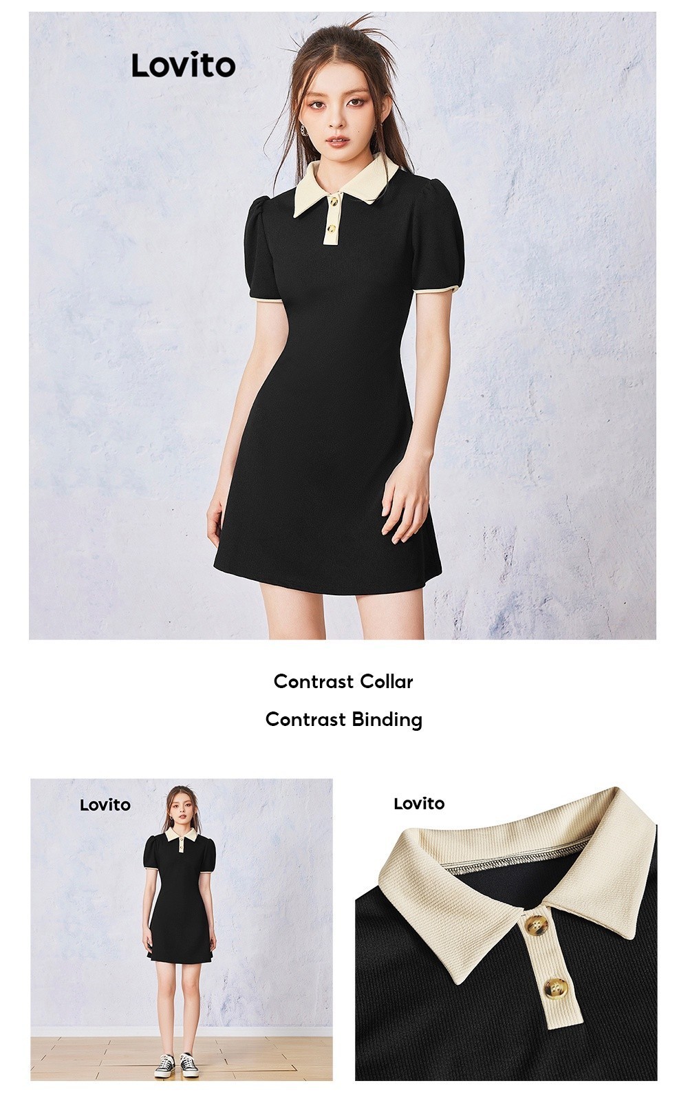 (Trendy) Lovito Casual Dress Plain Contrast Collar Binding Dress for ...