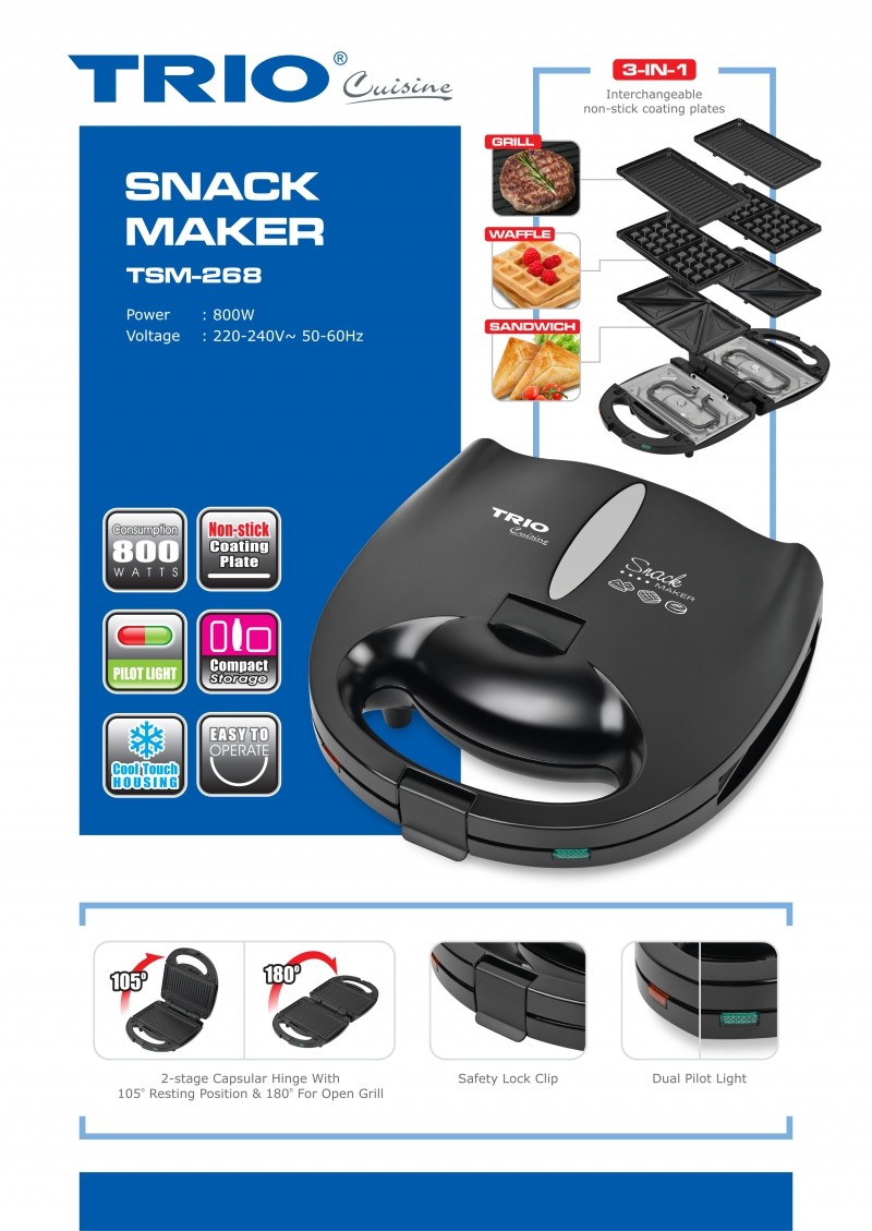 Trio Snack Maker With Non-Stick Coating For Grill, Waffle & Sandwich ...