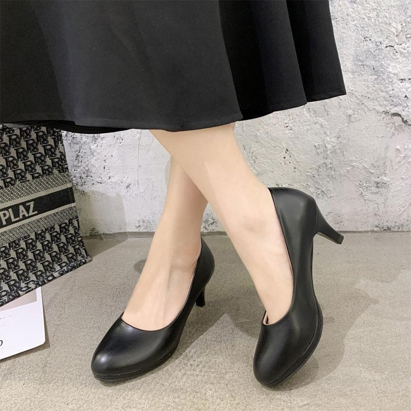 New Soft Leather Round Toe High Heels Office Mid-Heel Professional Work ...