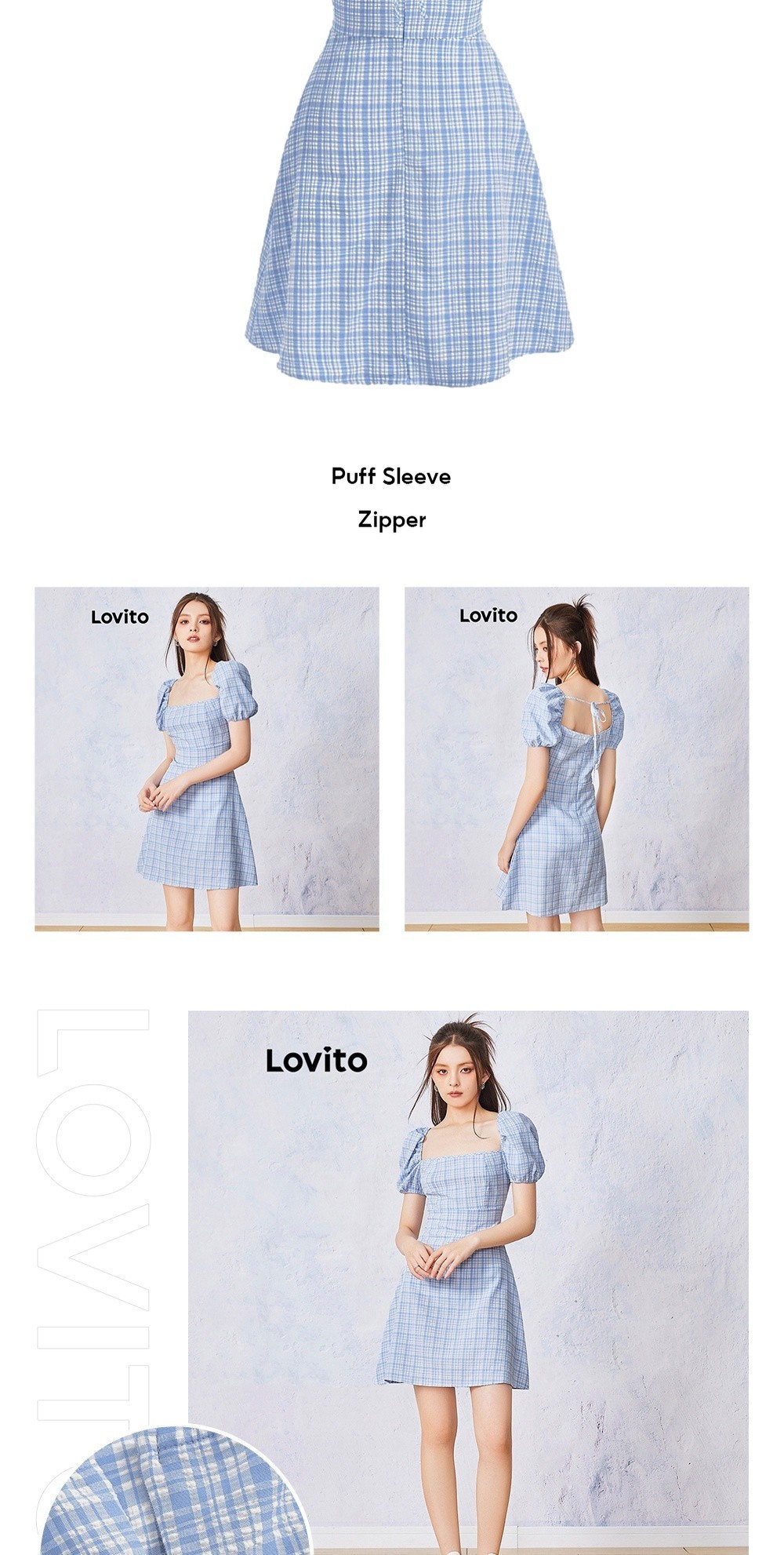Lovito Casual Gingham Lace Up Puff Sleeve Square Neck Dress for Women ...