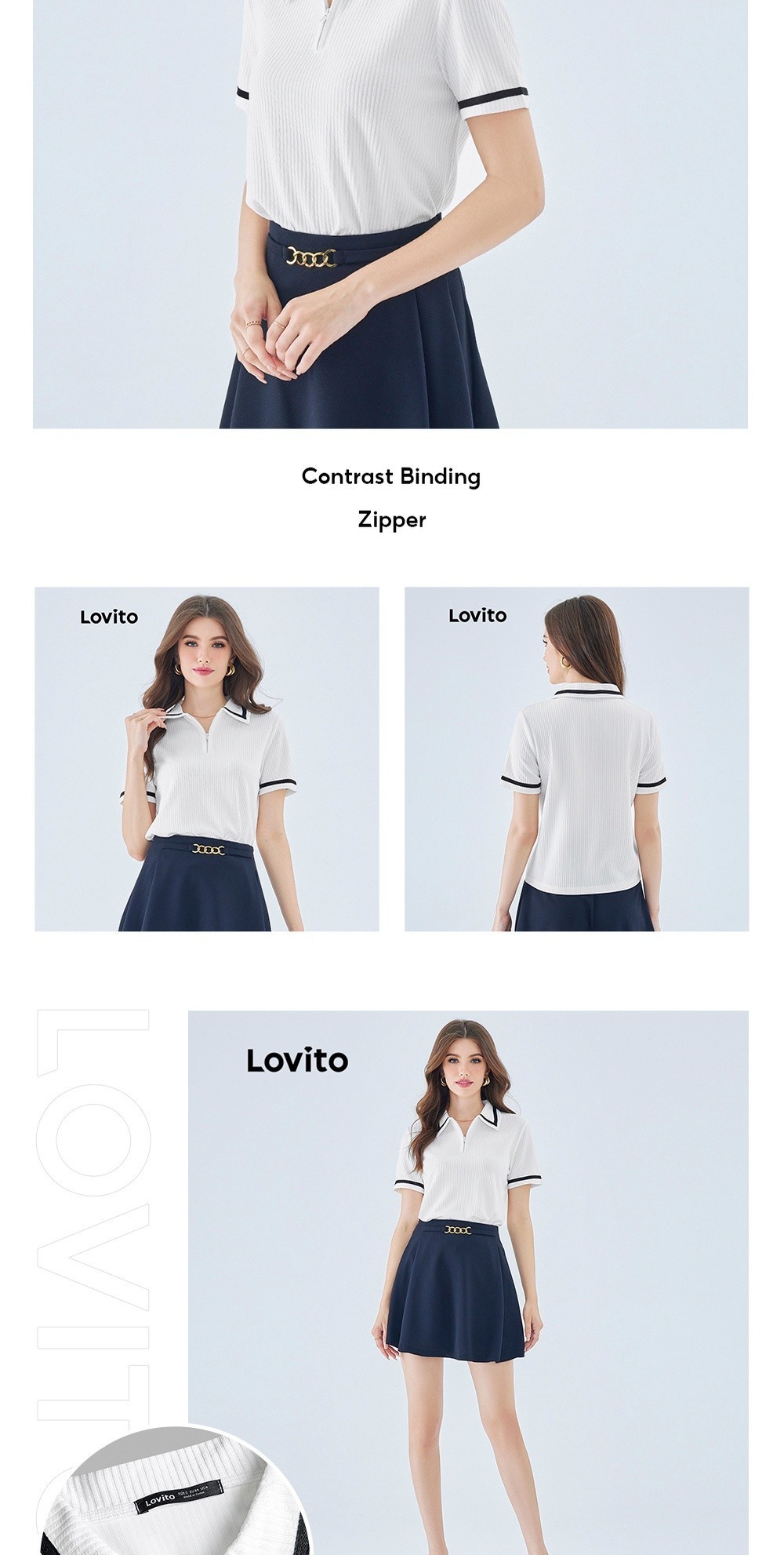 Lovito Elegant Plain Contrast Binding Collar Short Sleeves T-Shirts for ...