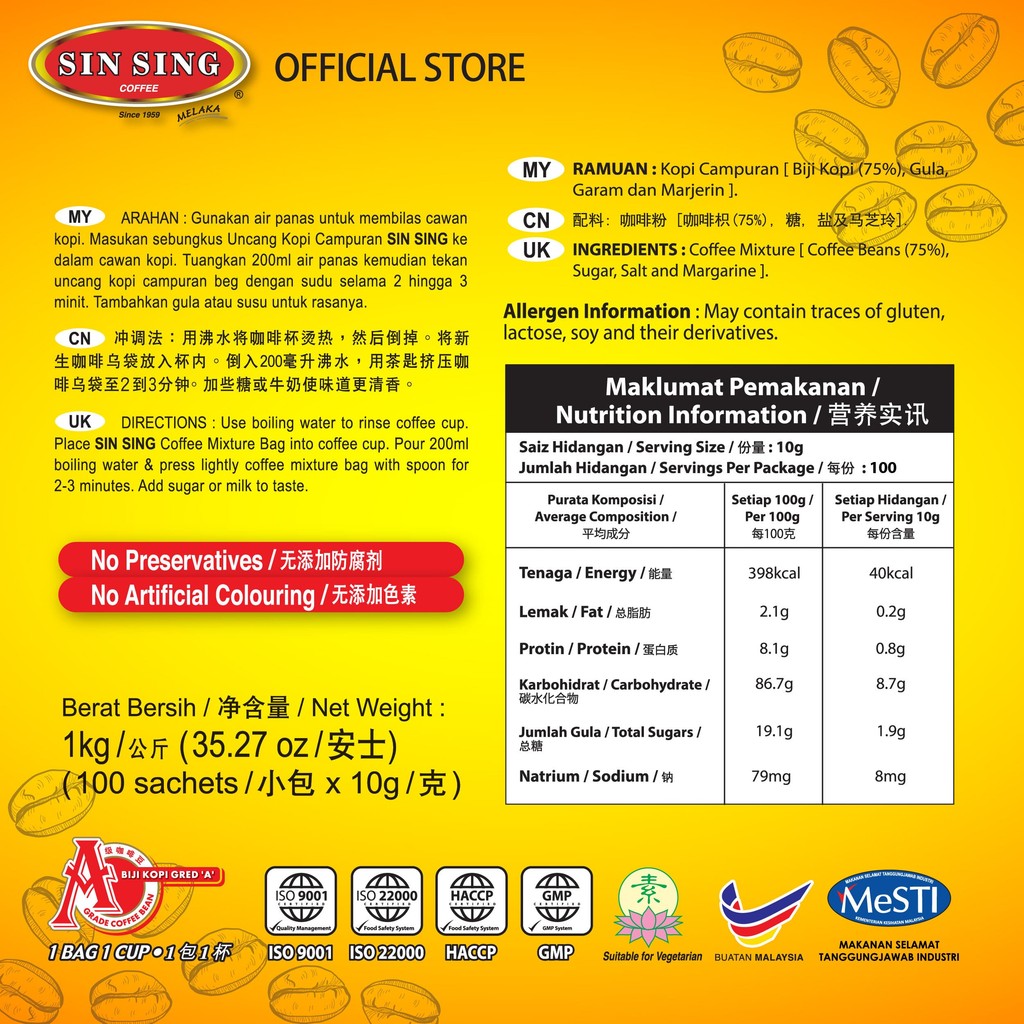 SIN SING Kopi O Uncang Kopi Campuran (100's x 10g) / CAP TUPAI Kopi O ...