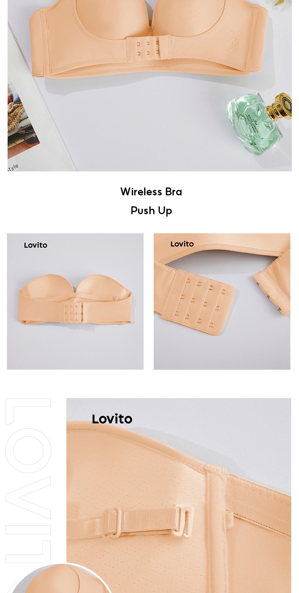 Lovito Elegant Bralette Plain Strapless Push Up Front Close Wireless ...