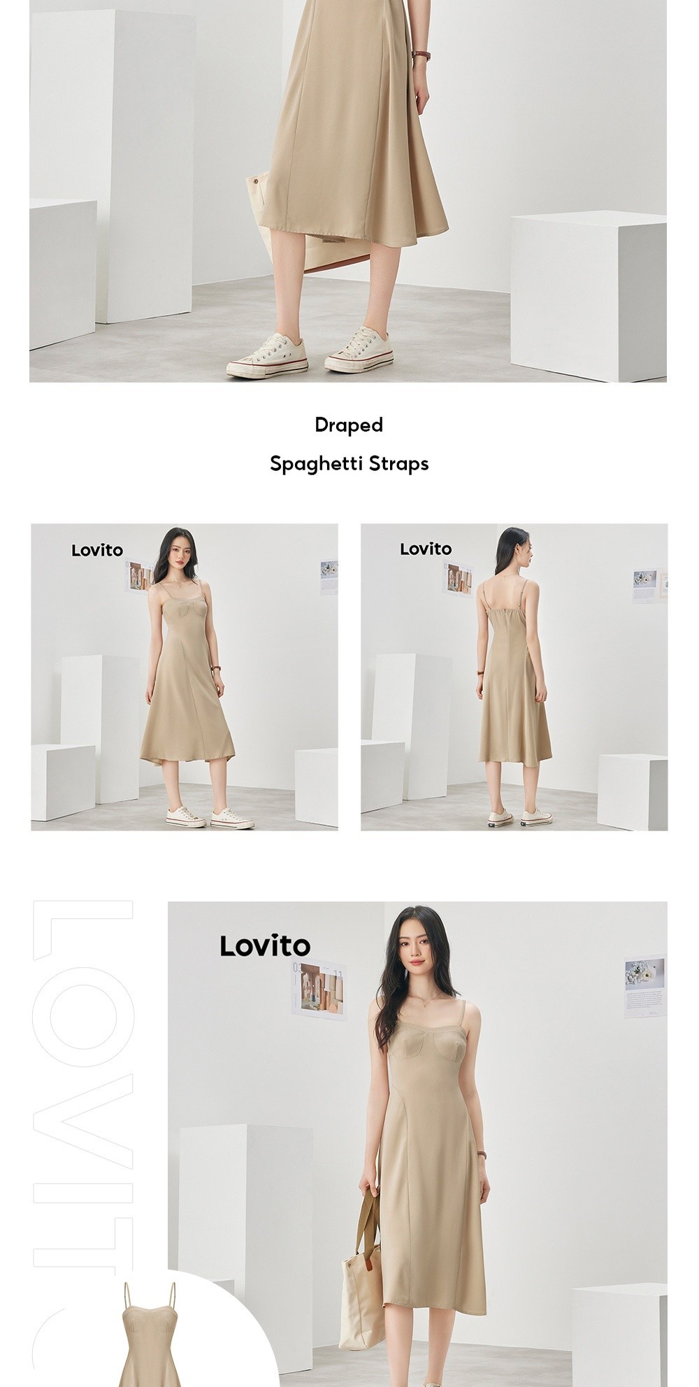 Lovito Casual Dress Plain Draped Structural Line Tighten The Waist ...