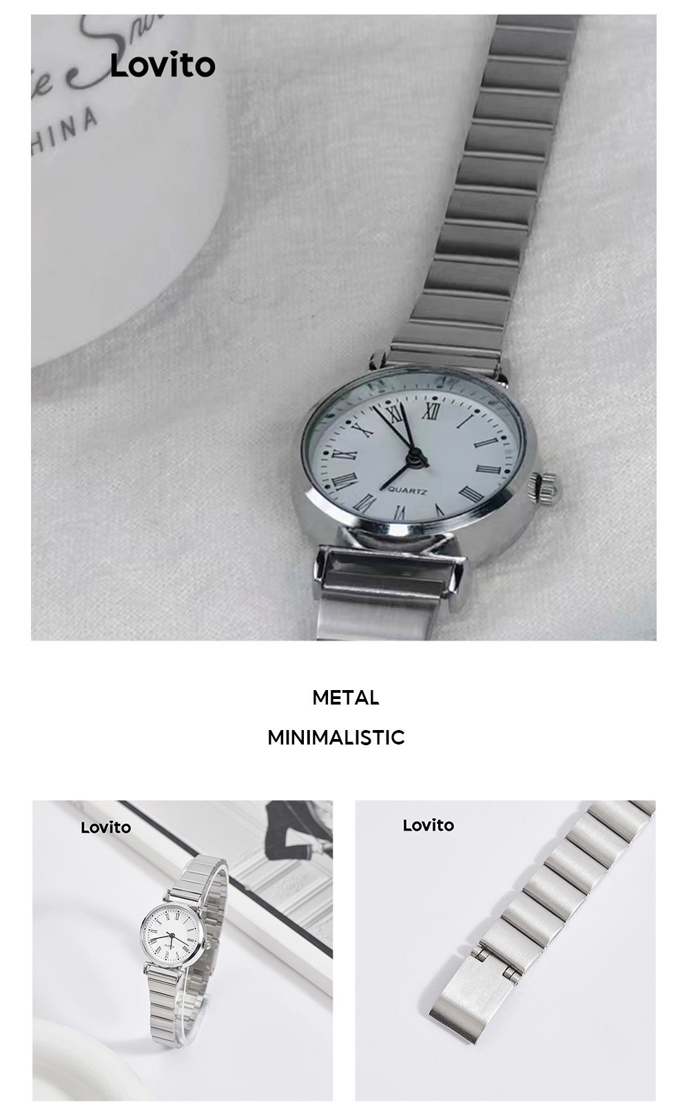 Lovito Casual Quartz Watch Plain Texture Metal Digital Quartz High ...