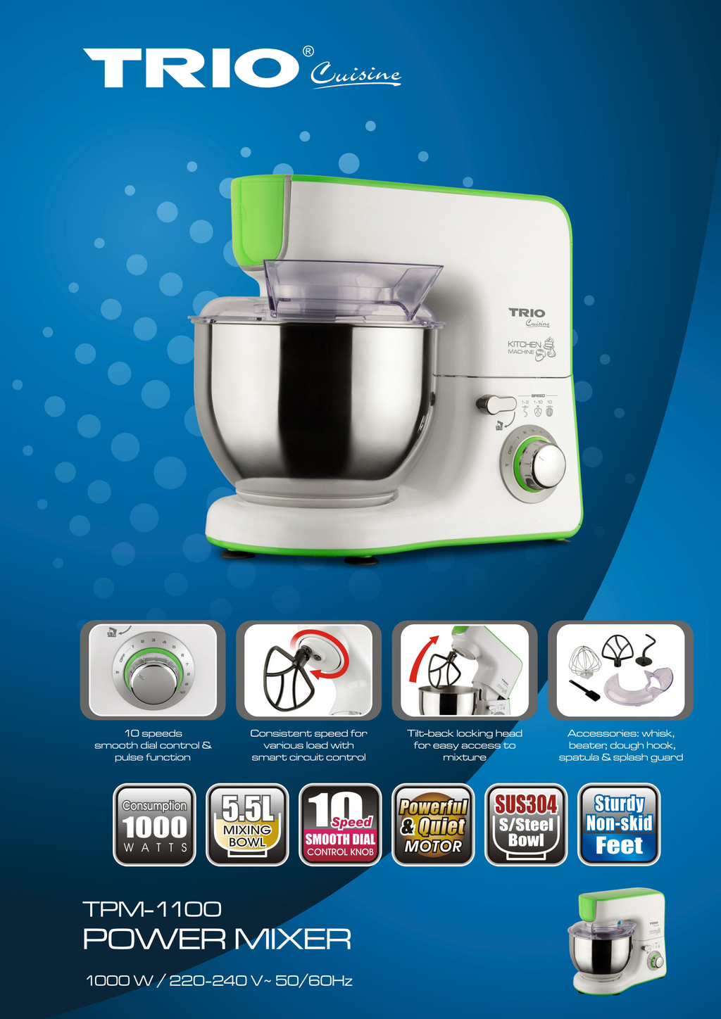 Trio Power Mixer With 10 Speed Smooth Dial Control Knob (5.5L) | Stand ...