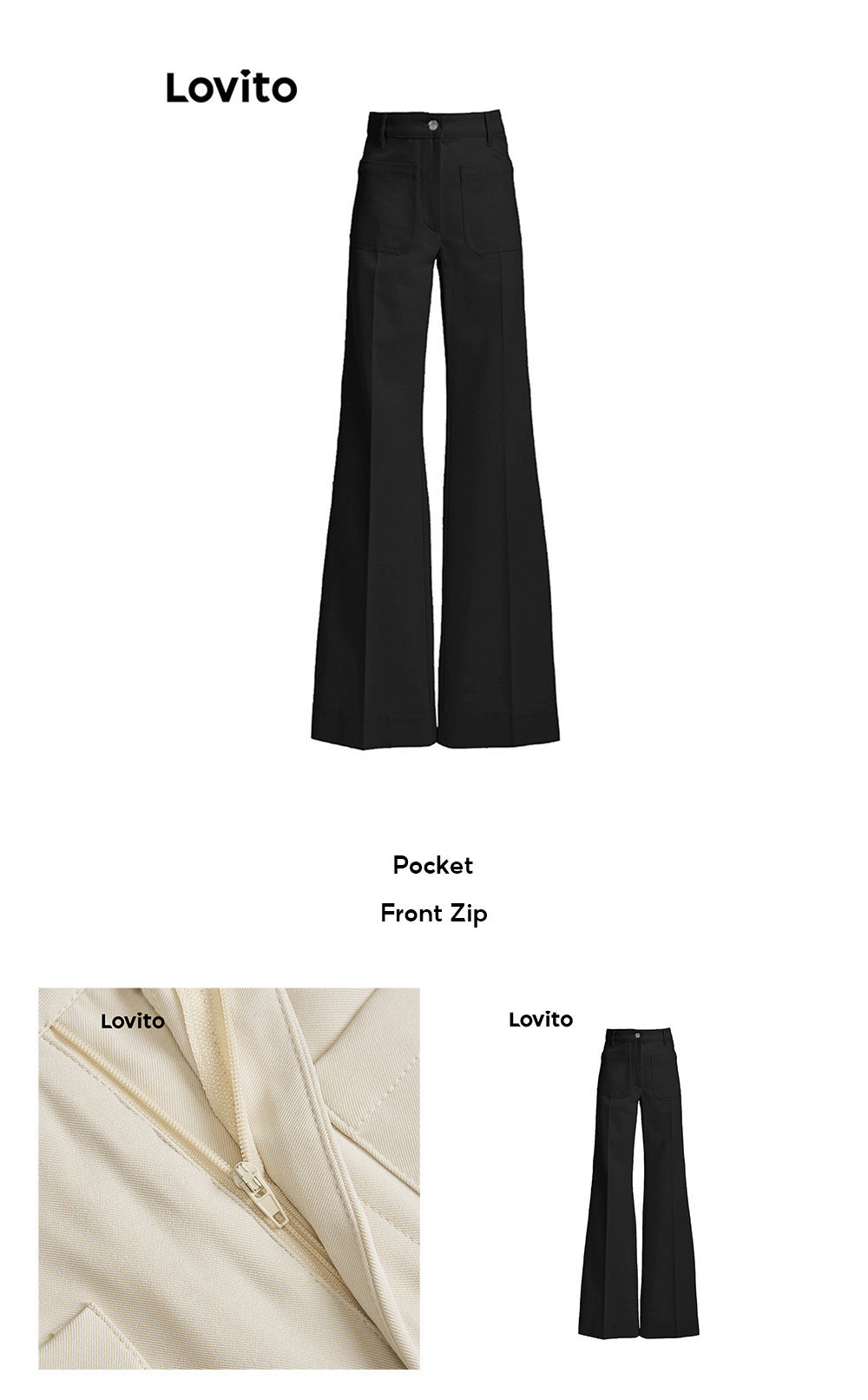 Lovito Elegant Pants Plain Pocket Pants for Women L71ED107 (Black ...