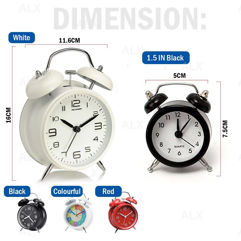 ALX Vintage Steel Alarm Clock Backlight Heavy Sleepers Twin Bell Loud ...
