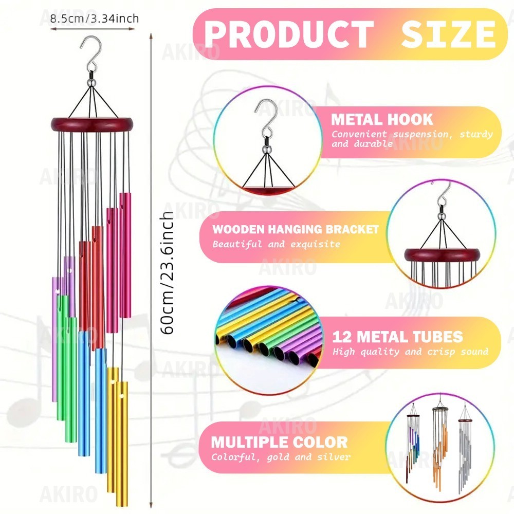 AKIRO Walnut Wood Wind Chimes 6/12 Tubes Outdoor Deco Hanging Home ...