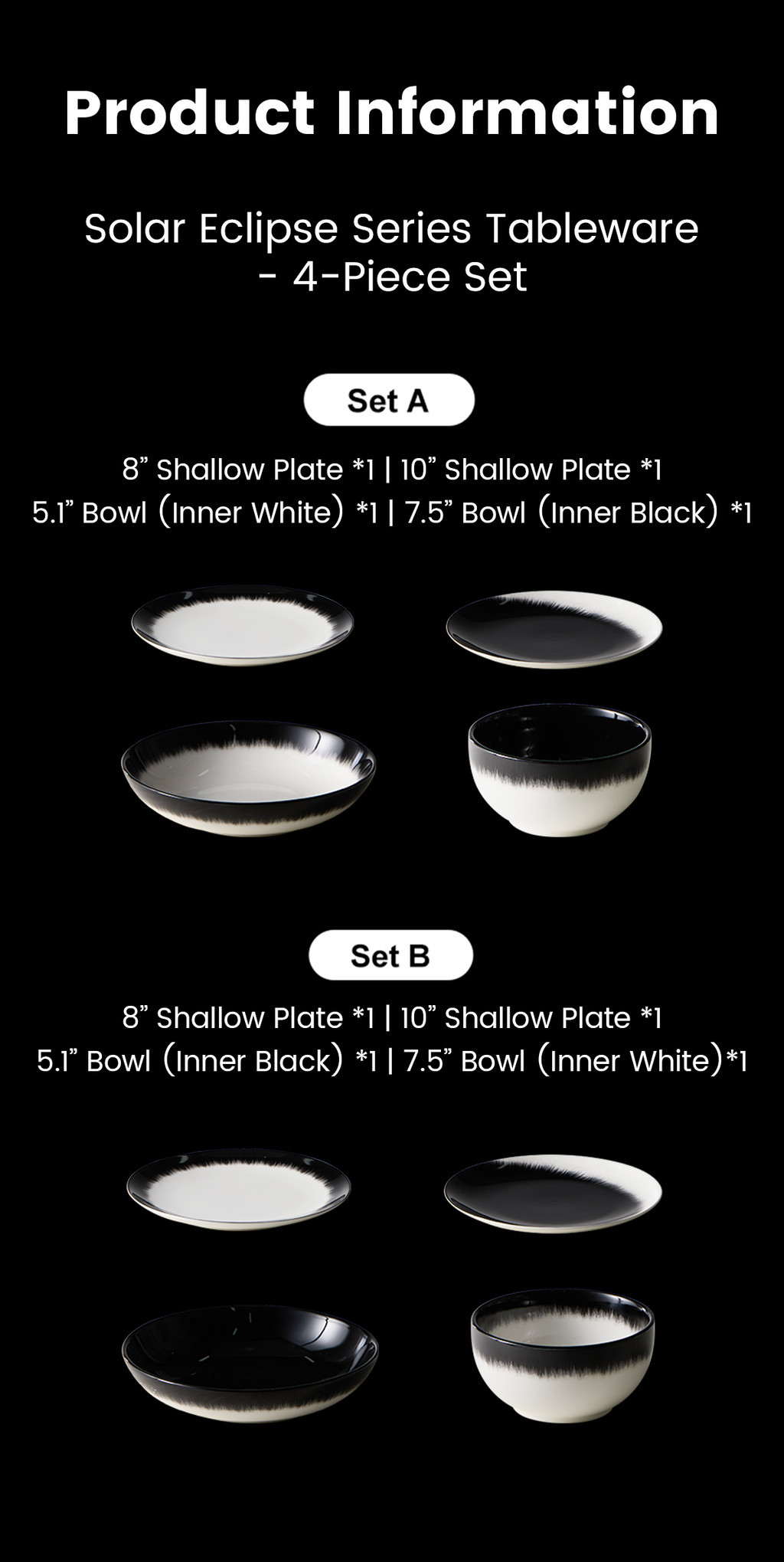 [New] Velosan Solar Eclipse Tableware Set (4 pcs) | Day & Night Shallow Plate Set | Comes with ...