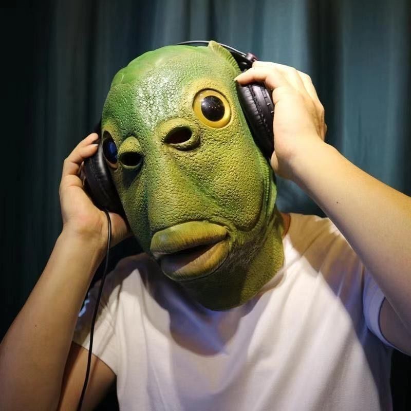 Green head fish head cover funny mask Halloween party slip-in ...
