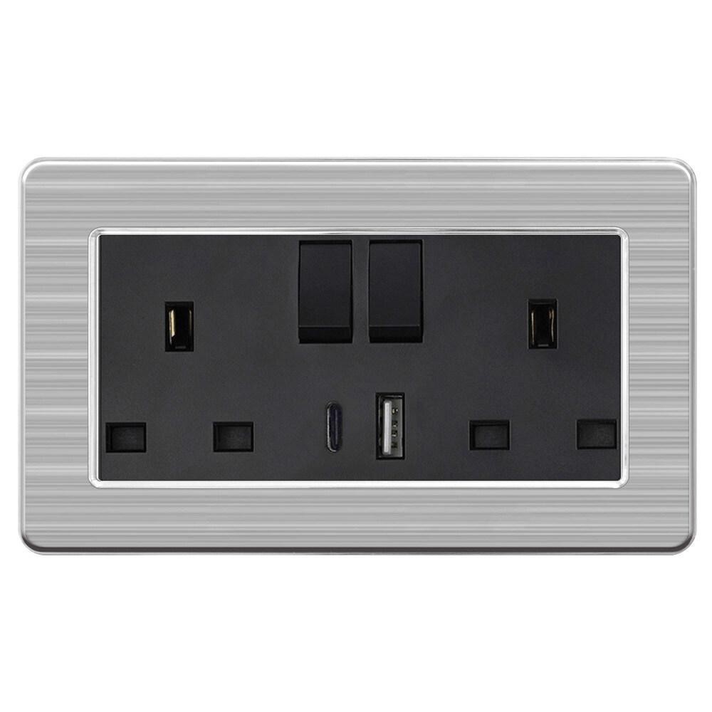 VISWE wall socket 3 pin socket 13a socket 250V double socket usb c socket,146*86mm Stainless ...