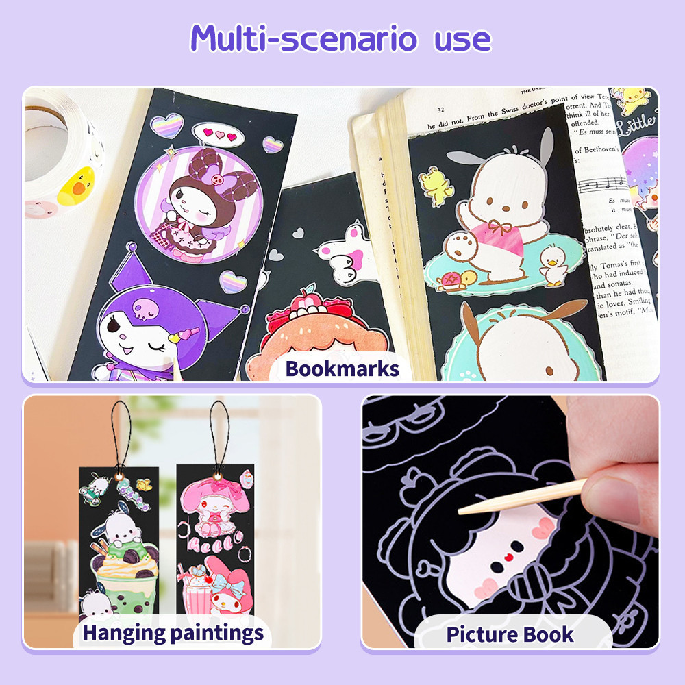 Bevavar 12 Pages Sanrio Colorful DIY Scratch Drawing Book for Kids ...