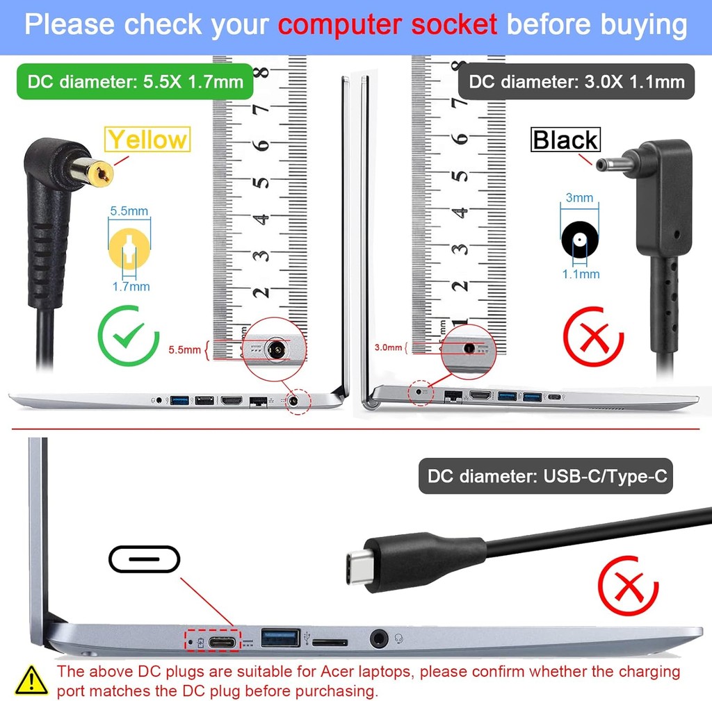 Acer Charger Adapter Aspire E15 E5 E1 E11 E3 E14 ES1 R3 N15WS R7 S3 V15 ...